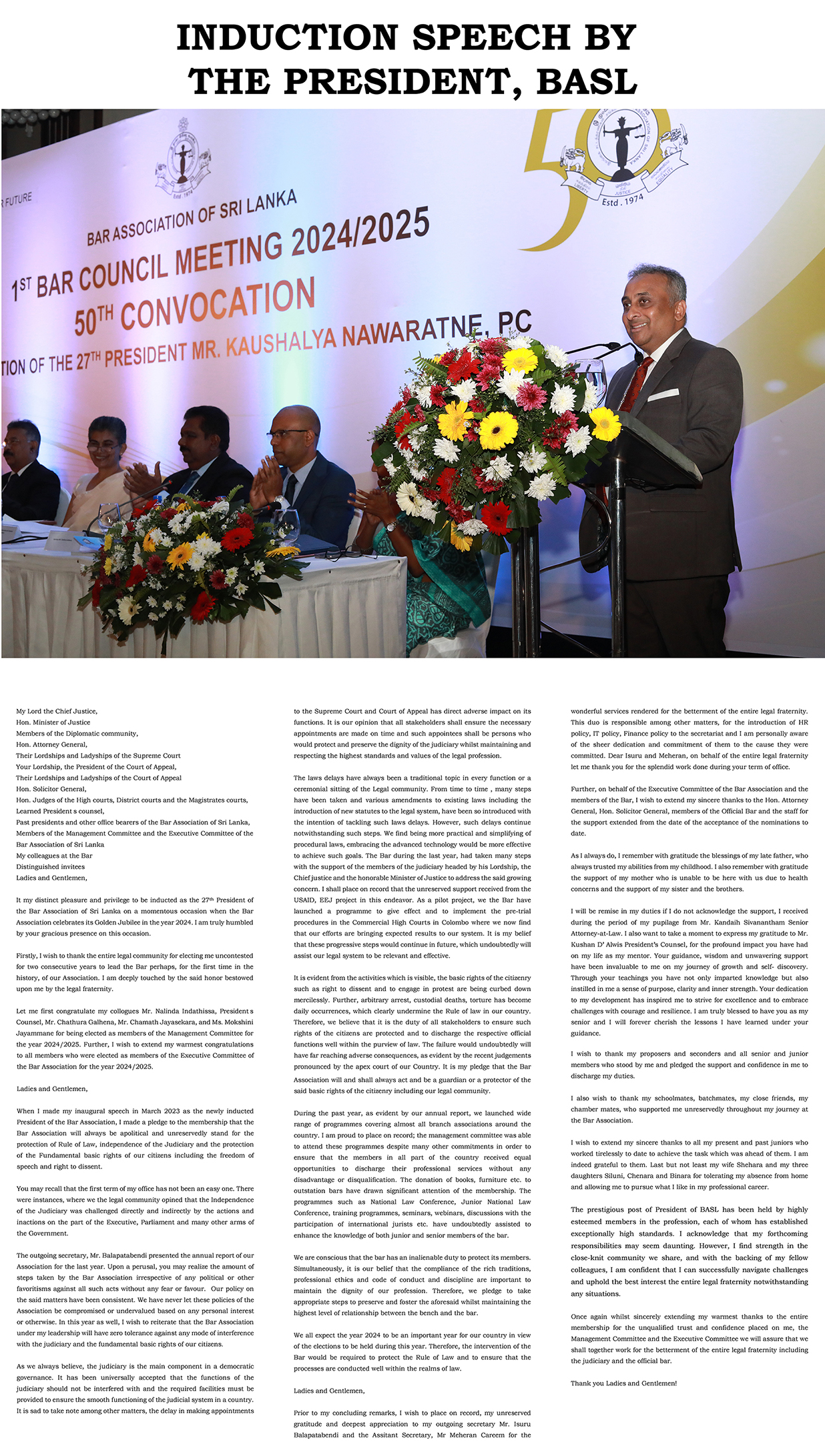 INDUCTION SPEECH BY THE PRESIDENT, BASL - BASL