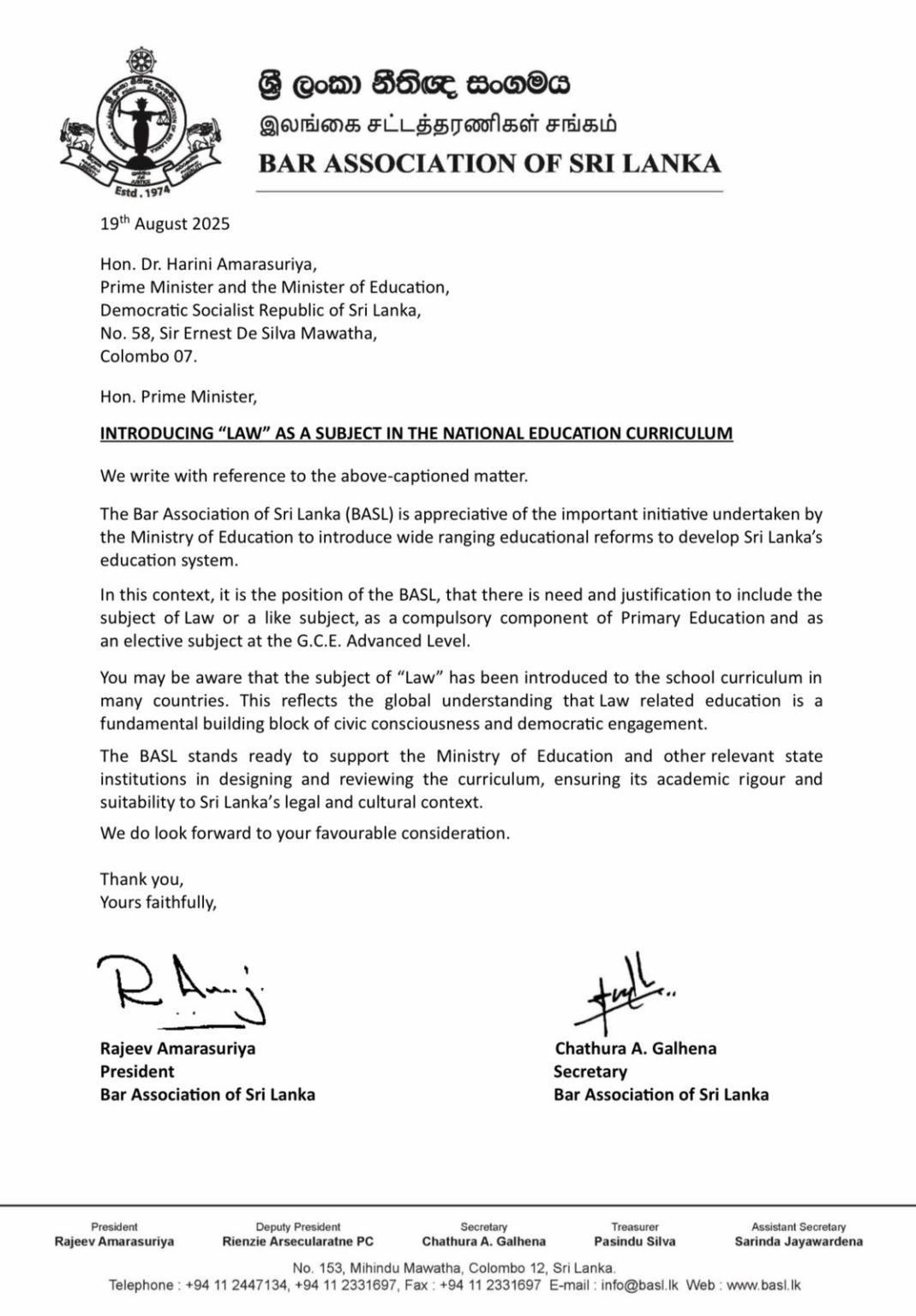 BASL Representation to Hon. Prime Minister on the need for Law or like ...