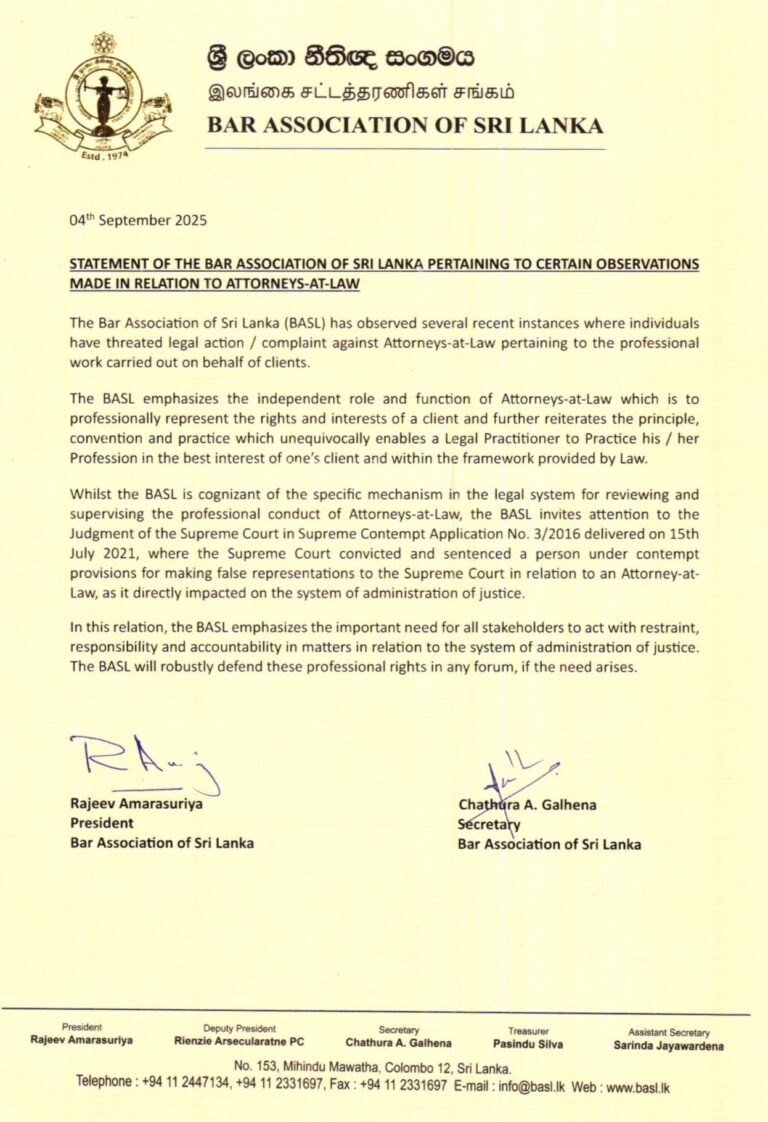 BASL statement on observations made in relation to Attorneys-at-Law and ...
