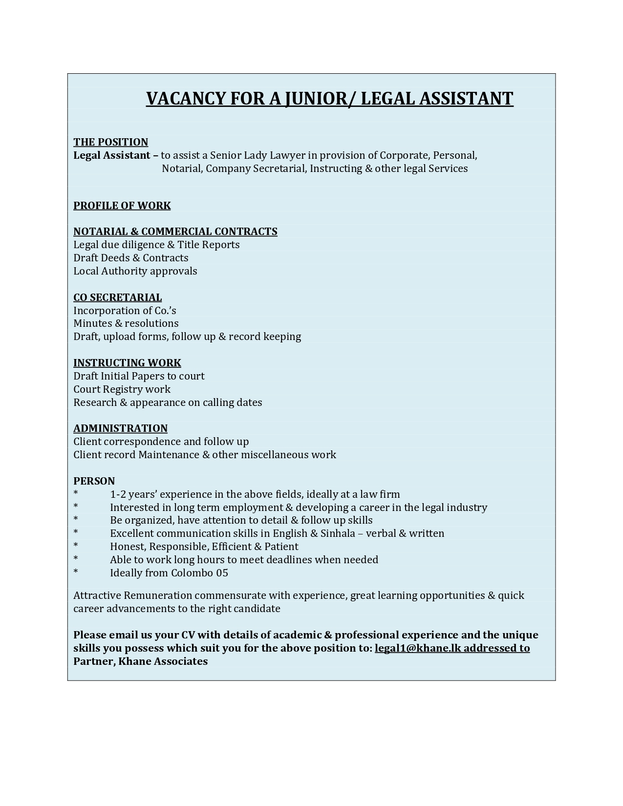 VACANCY FOR A JUNIOR/ LEGAL ASSISTANT - BASL